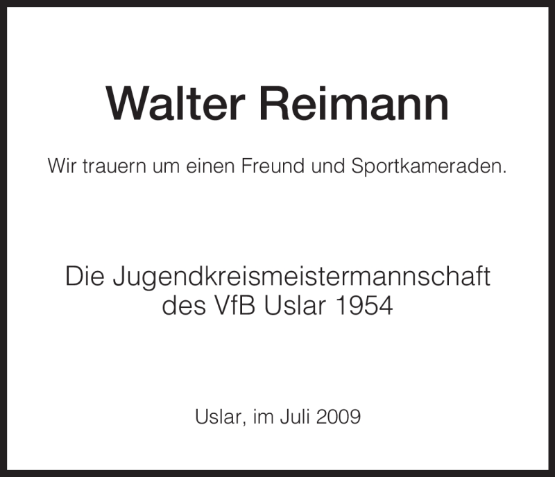 Traueranzeigen von Walter Reimann | Trauer.HNA.de
