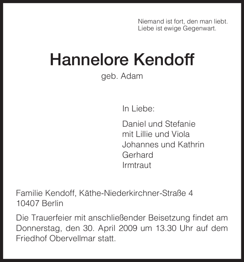 Traueranzeigen von Hannelore Kendoff | Trauer.HNA.de