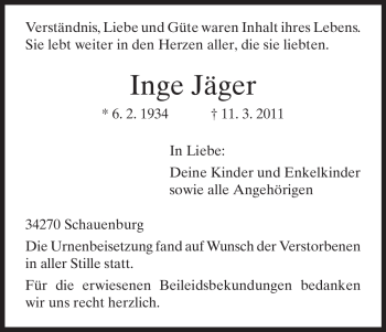 Traueranzeigen von Inge Jäger | Trauer.HNA.de
