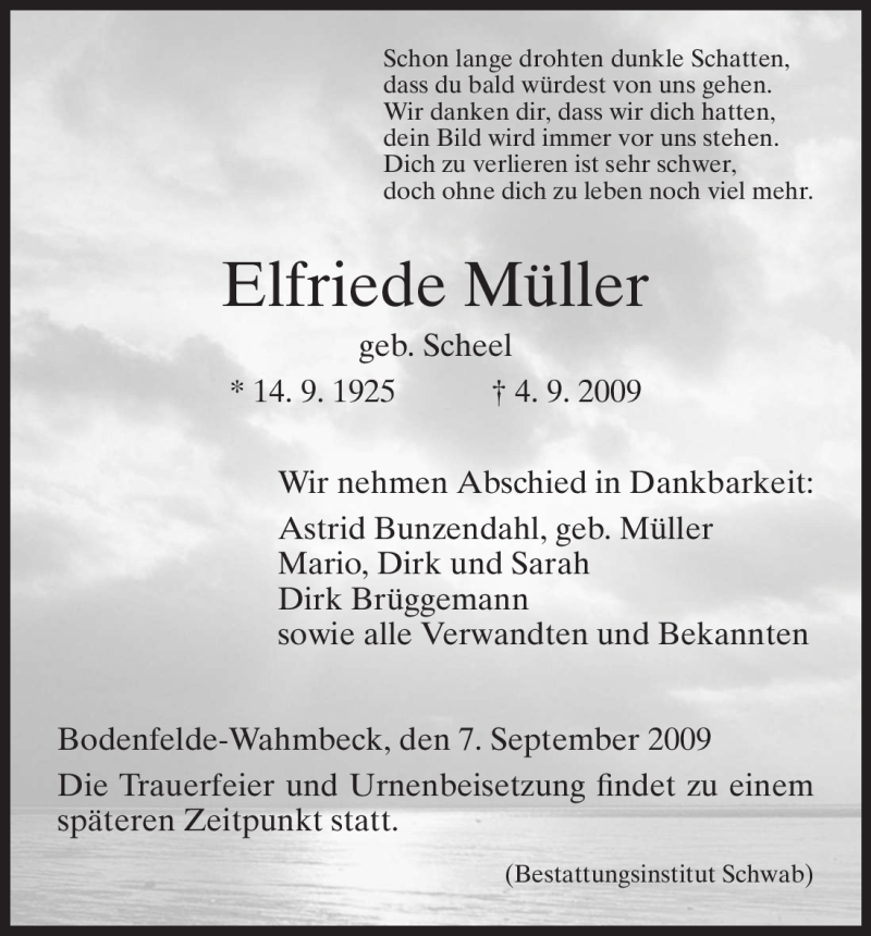 Traueranzeigen von Elfriede Müller | Trauer.HNA.de