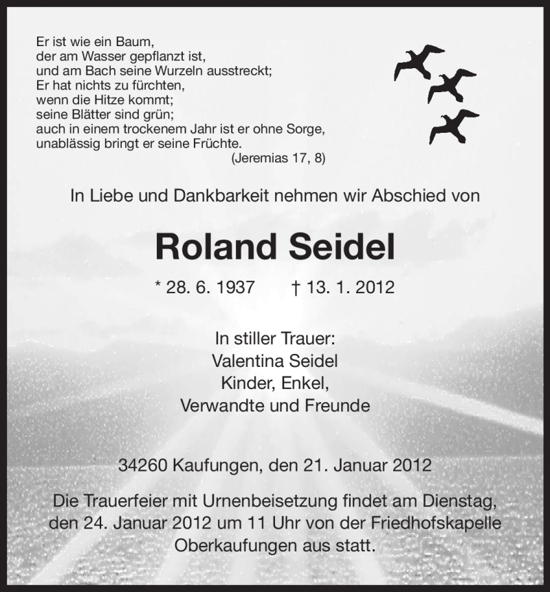 Traueranzeigen von Roland Seidel | Trauer.HNA.de