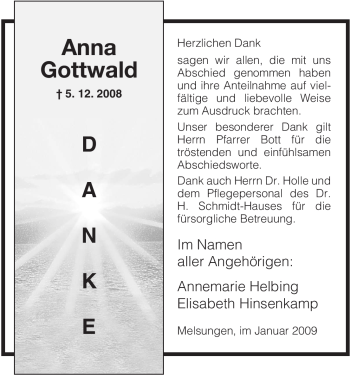 Traueranzeigen von Anna Gottwald | Trauer.HNA.de