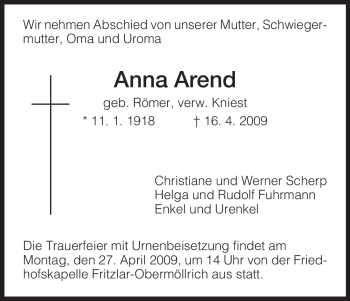 Traueranzeigen von Anna Arend | Trauer.HNA.de