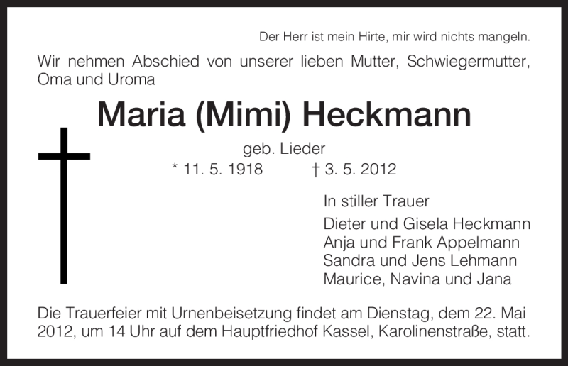 Traueranzeigen von Maria Heckmann | Trauer.HNA.de