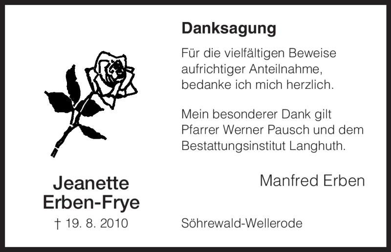 Traueranzeigen von Jeanette Erben-Frye | Trauer.HNA.de