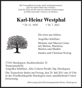 Traueranzeigen von Karl-Heinz Westphal | Trauer.HNA.de