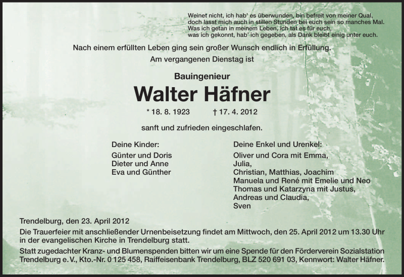 Traueranzeigen von Walter Häfner | Trauer.HNA.de