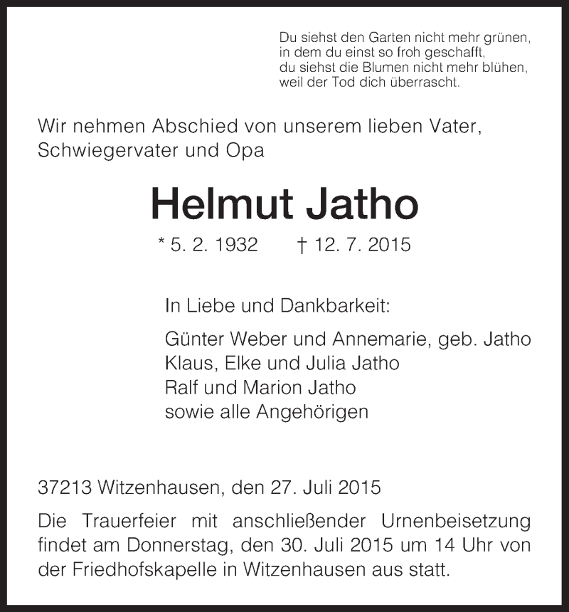 Traueranzeigen von Helmut Jatho | Trauer.HNA.de