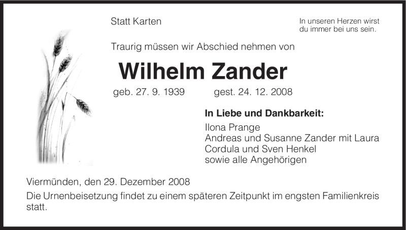 Traueranzeigen von Wilhelm Zander | Trauer.HNA.de