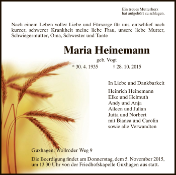 Traueranzeigen von Maria Heinemann | Trauer.HNA.de