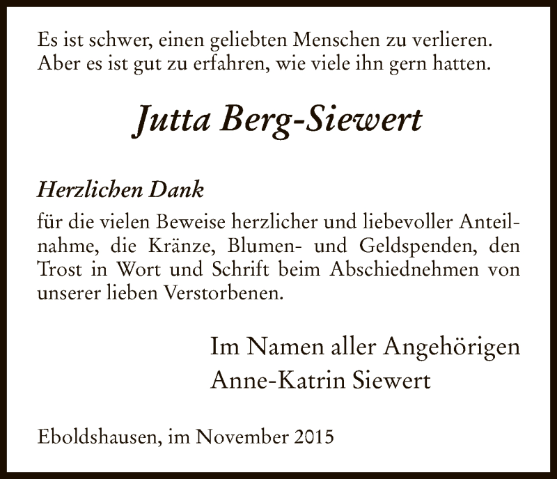 Traueranzeigen von Jutta Berg-Siewert | Trauer.HNA.de