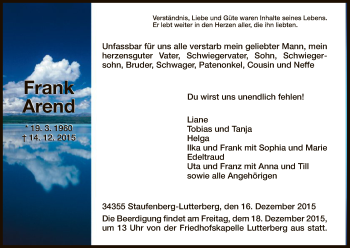 Traueranzeigen von Frank Arend | Trauer.HNA.de