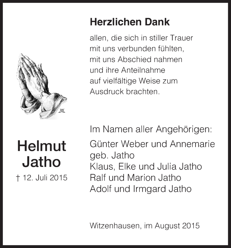 Traueranzeigen von Helmut Jatho | Trauer.HNA.de