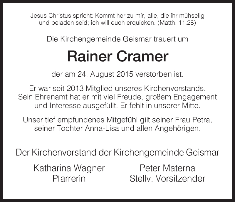 Traueranzeigen von Rainer Cramer | Trauer.HNA.de