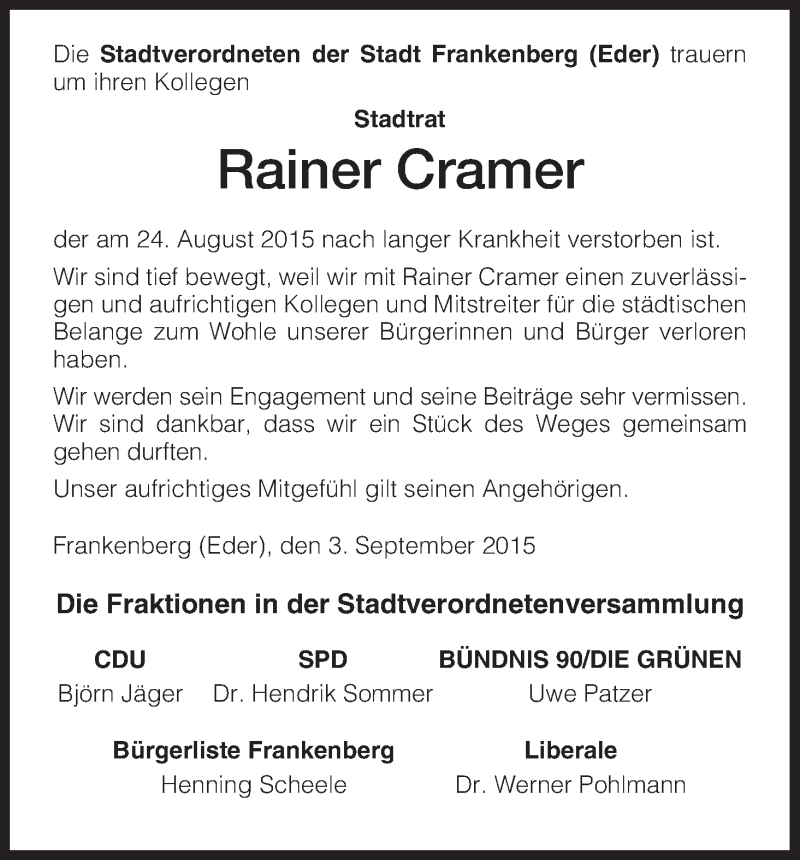 Traueranzeigen von Rainer Cramer | Trauer.HNA.de
