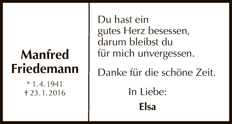 Traueranzeigen von Manfred Friedemann | Trauer.HNA.de