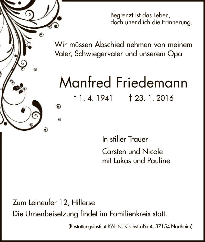 Traueranzeigen von Manfred Friedemann | Trauer.HNA.de