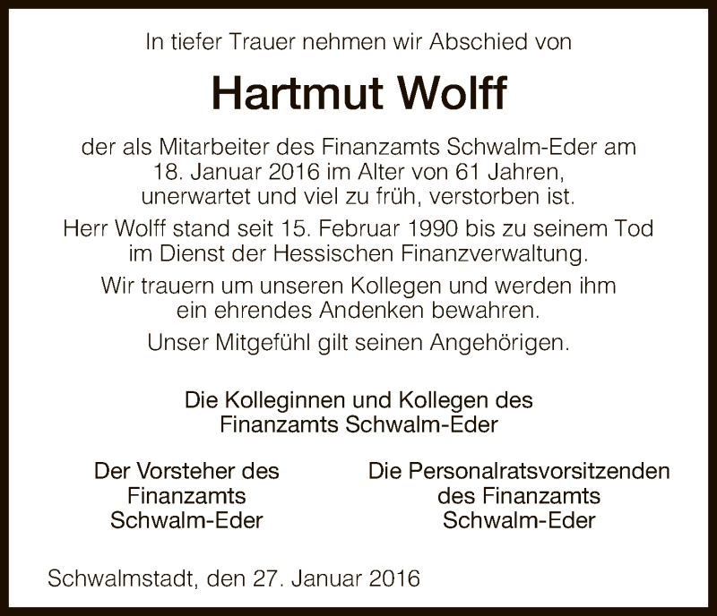 Traueranzeigen von Hartmut Wolff | Trauer.HNA.de