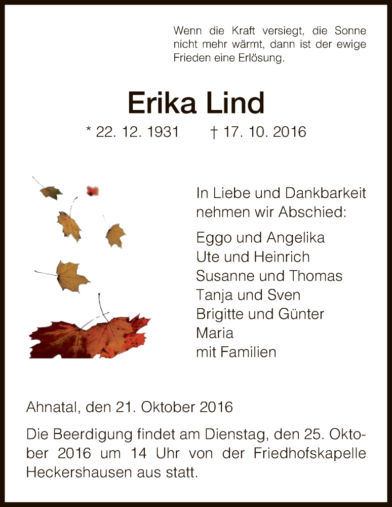 Traueranzeigen von Erika Lind | Trauer.HNA.de