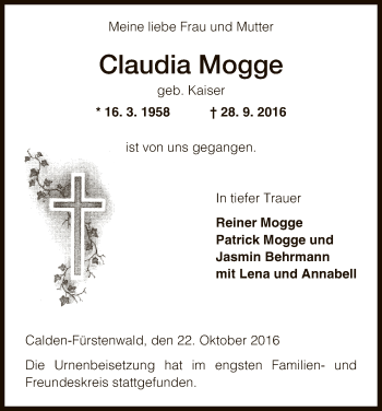 Traueranzeigen von Claudia Mogge | Trauer.HNA.de