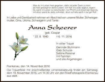 Traueranzeigen von Anna Scheerer | Trauer.HNA.de