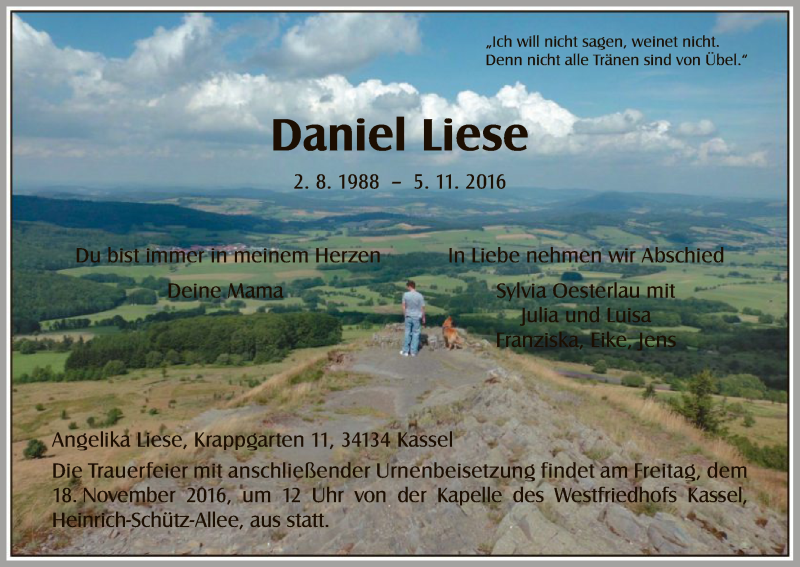 Traueranzeigen von Daniel Liese | Trauer.HNA.de