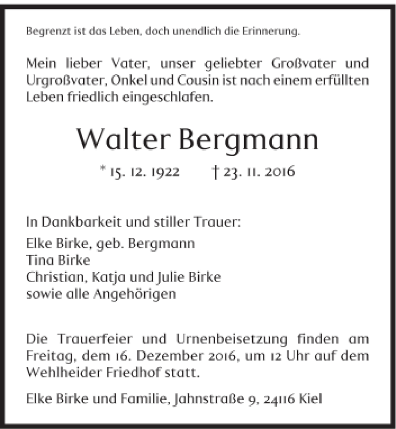 Traueranzeigen von Walter Bergmann | Trauer.HNA.de