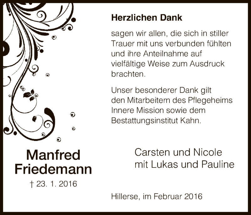 Traueranzeigen von Manfred Friedemann | Trauer.HNA.de