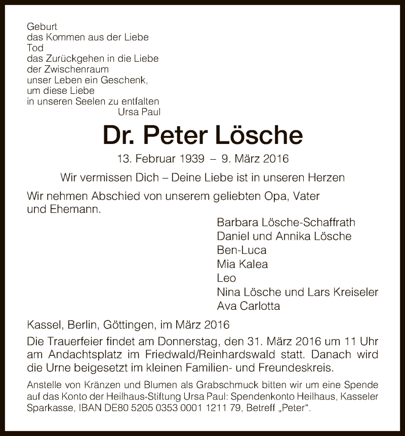 Traueranzeigen von Peter Lösche | Trauer.HNA.de