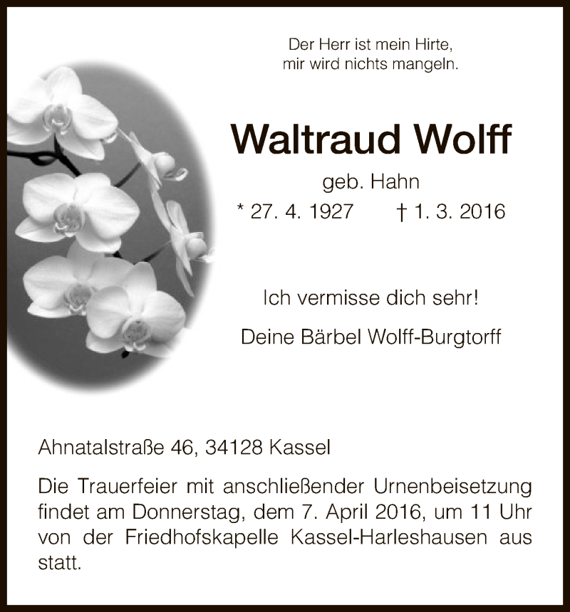 Traueranzeigen von Waltraud Wolff | Trauer.HNA.de