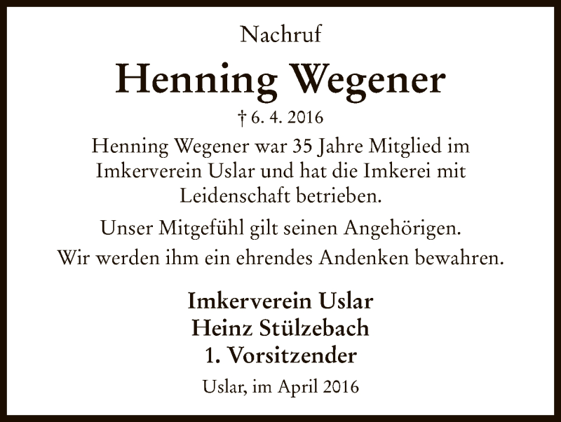 Traueranzeigen von Henning Wegener | Trauer.HNA.de
