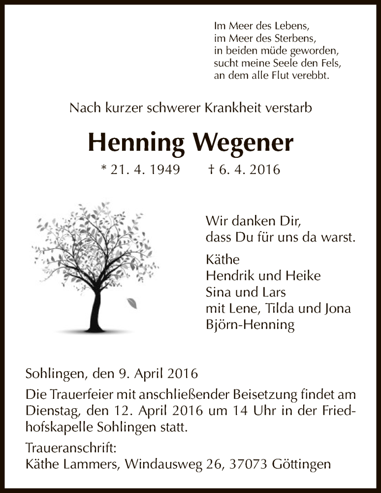 Traueranzeigen von Henning Wegener | Trauer.HNA.de