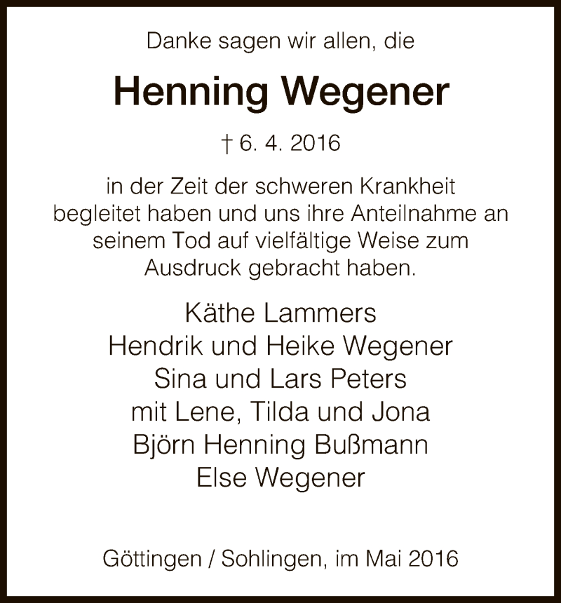 Traueranzeigen von Henning Wegener | Trauer.HNA.de