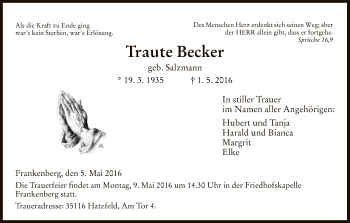 Traueranzeigen von Traute Becker | Trauer.HNA.de