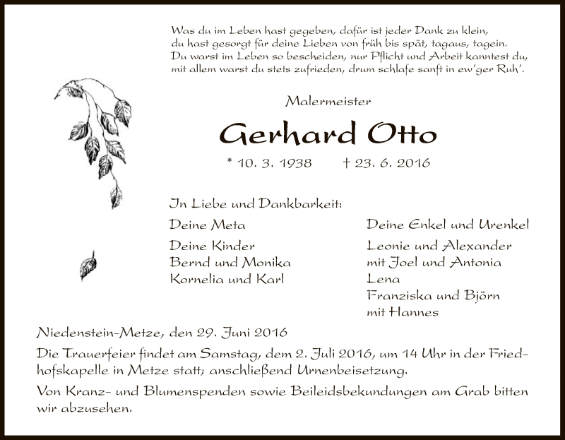Traueranzeigen von Gerhard Otto | Trauer.HNA.de