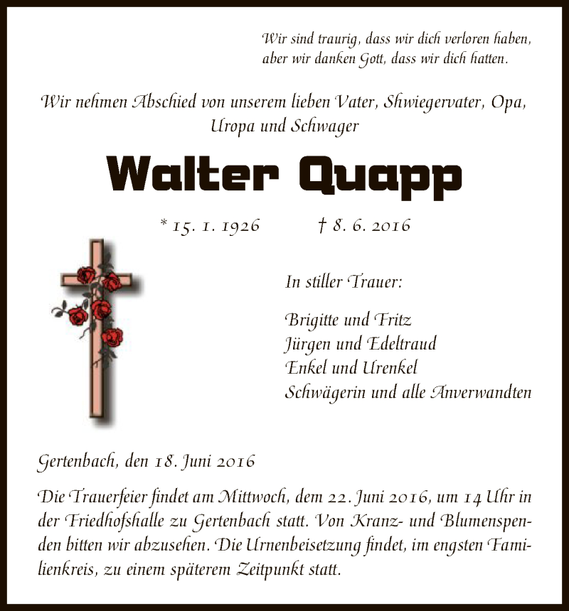 Traueranzeigen von Walter Quapp | Trauer.HNA.de