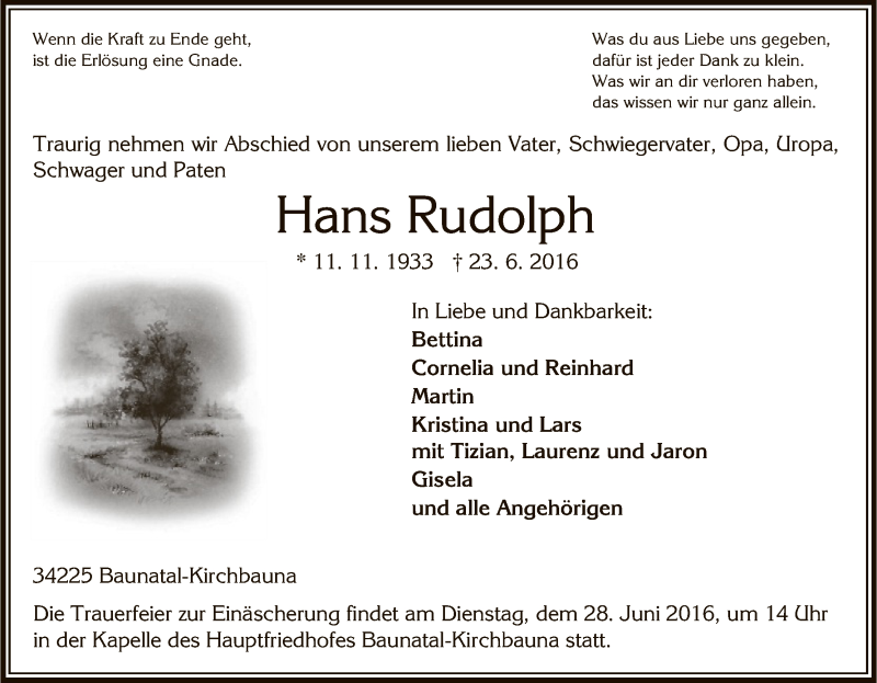 Traueranzeigen von Hans Rudolph | Trauer.HNA.de