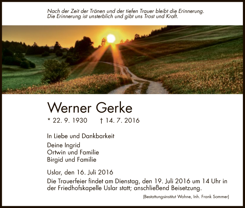 Traueranzeigen von Werner Gerke | Trauer.HNA.de