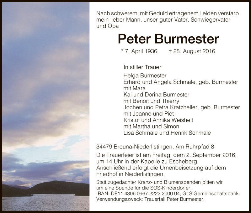 Traueranzeigen von Peter Burmester | Trauer.HNA.de