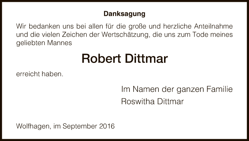 Traueranzeigen von Robert Dittmar | Trauer.HNA.de