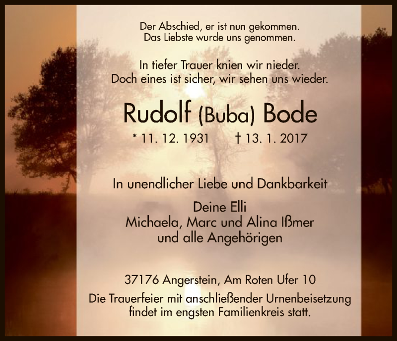 Traueranzeigen von Rudolf Bode | Trauer.HNA.de