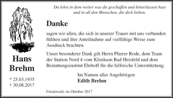 Traueranzeigen von Hans Brehm | Trauer.HNA.de