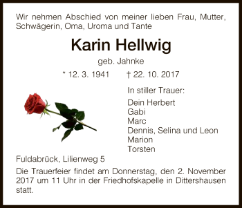 Traueranzeigen von Karin Hellwig | Trauer.HNA.de