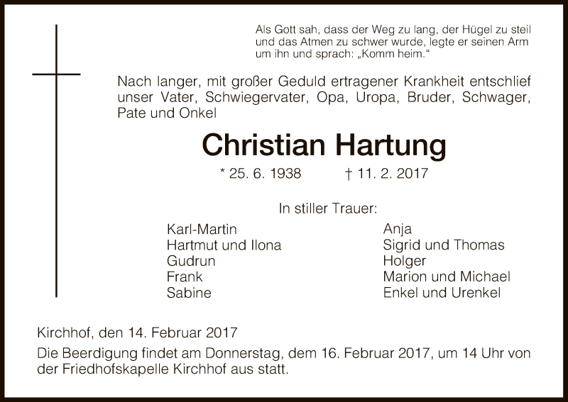 Traueranzeigen von Christian Hartung | Trauer.HNA.de