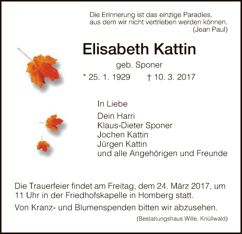 Traueranzeigen von Elisabeth Kattin | Trauer.HNA.de