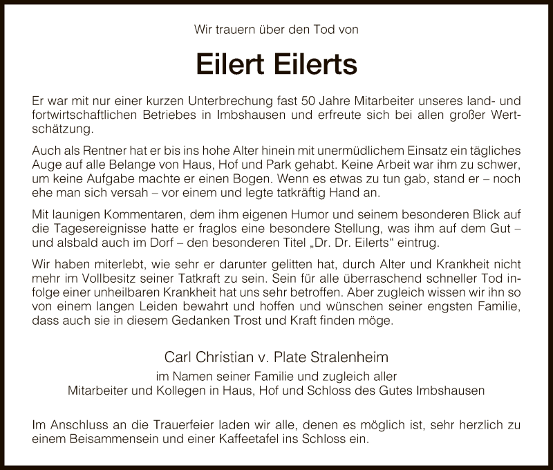 Traueranzeigen von Eilert Eilerts | Trauer.HNA.de