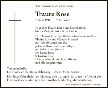 Traueranzeigen von Traute Rose | Trauer.HNA.de