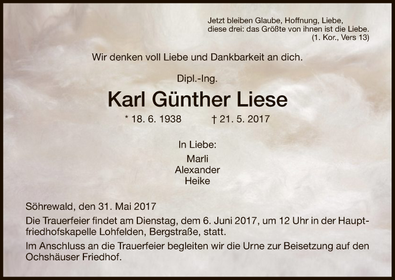 Traueranzeigen von Karl Günther Liese | Trauer.HNA.de
