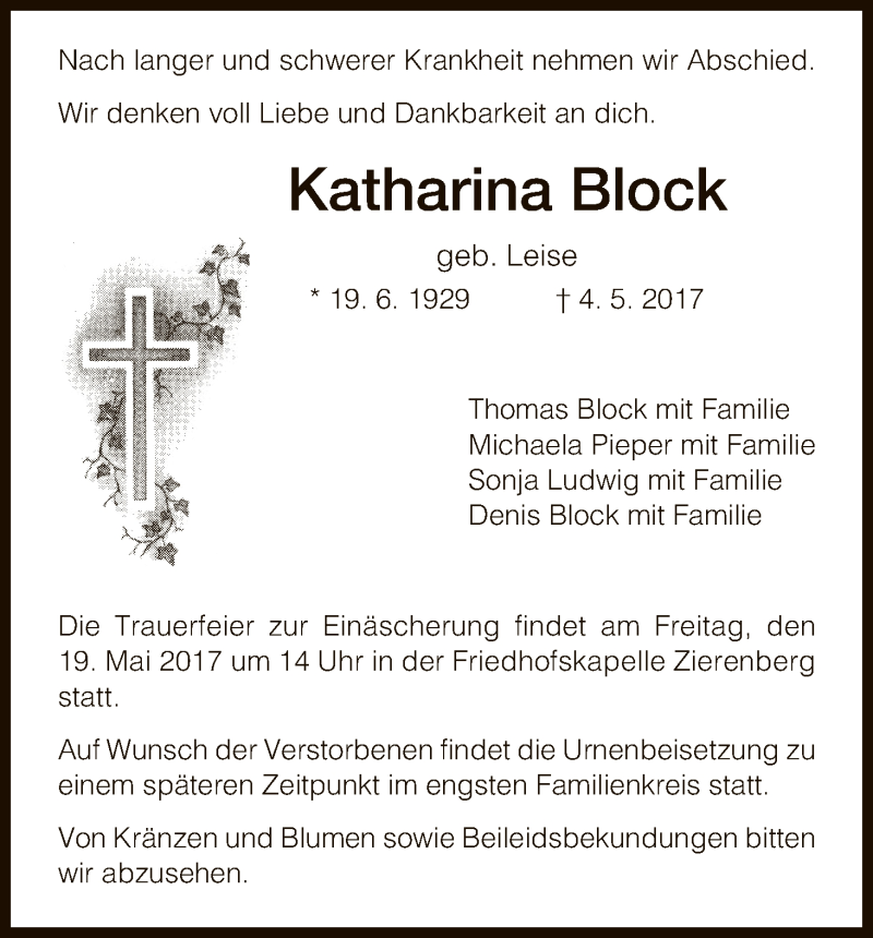 Traueranzeigen von Katharina Block | Trauer.HNA.de