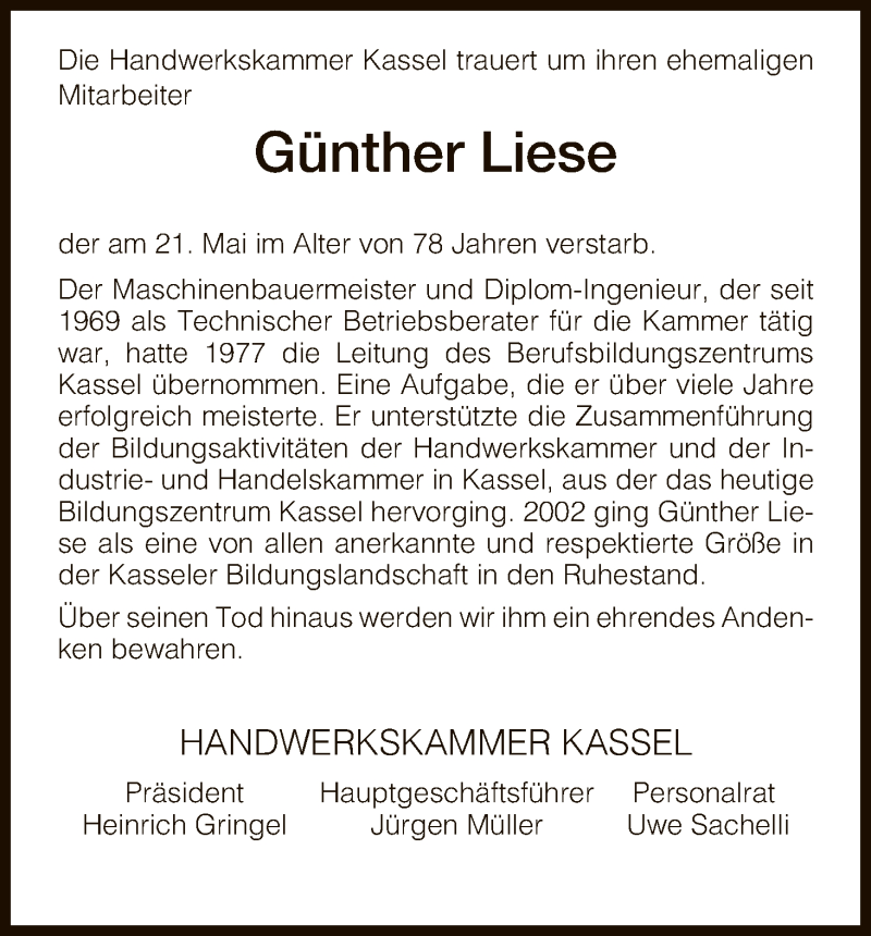 Traueranzeigen von Karl Günther Liese | Trauer.HNA.de